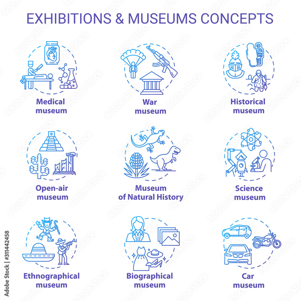 Museum exhibition concept icons set. Ethnographical and biographical ...