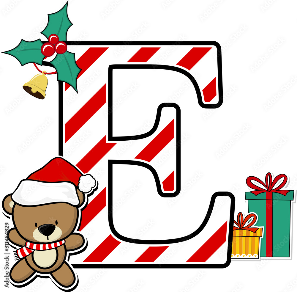 capital letter e with cute teddy bear and christmas design elements ...