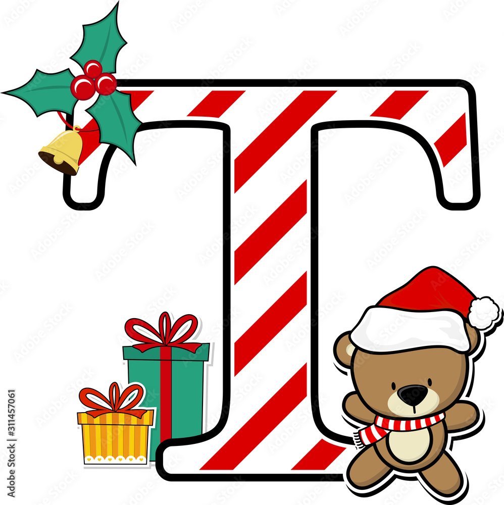 capital letter t with cute teddy bear and christmas design elements ...