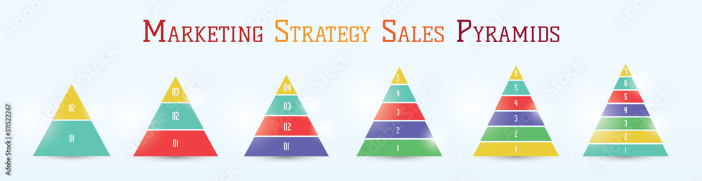 Colored pyramid info graphics with steps. Layered charts illustration ...