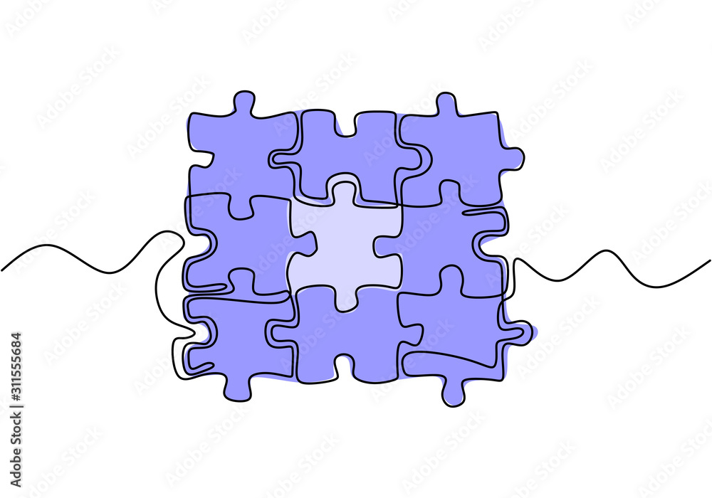 Continuous line drawing of jigsaw puzzle vector. Connecting and problem ...