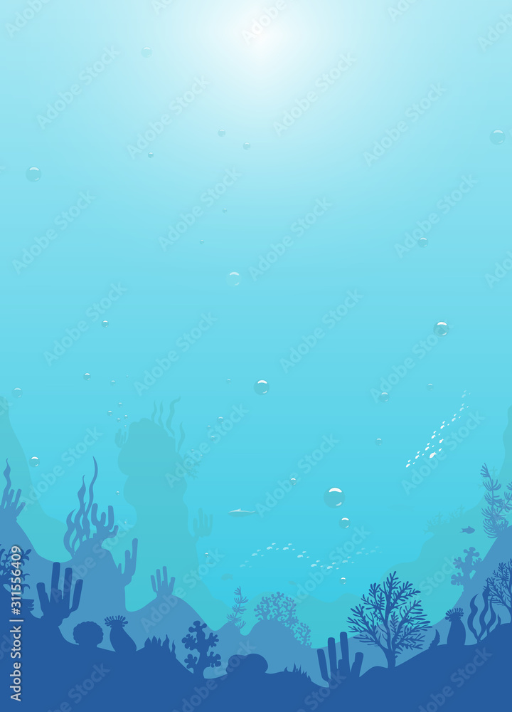 Ocean underwater world with different plants and animals. vertical ...