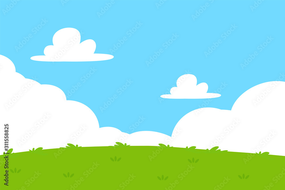 Vetor Flat grass and sky background. Cartoon outdoor park background ...