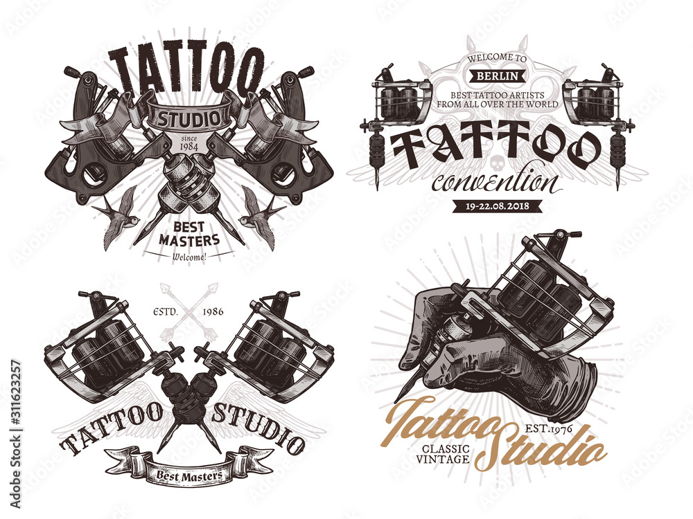 Tattoo emblems, badges and labels collection. Set of tattoo shops and ...