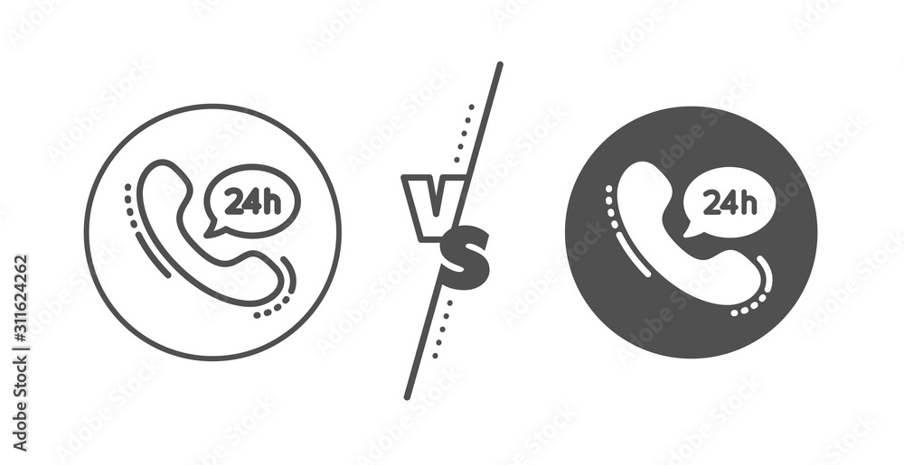 Call support sign. Versus concept. 24 hour service line icon. Feedback chat symbol. Line vs ...