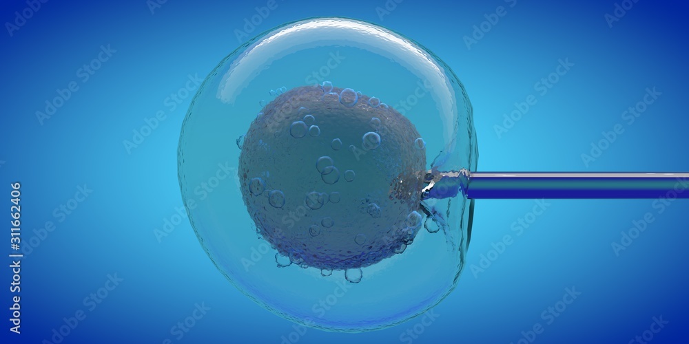 IVF cell and needle injecting, 3D CGI render with blue color, cell ...