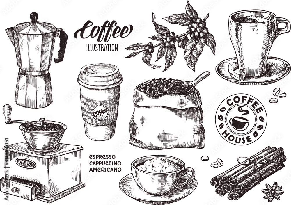 Hand drawn coffee set Stock Vector | Adobe Stock