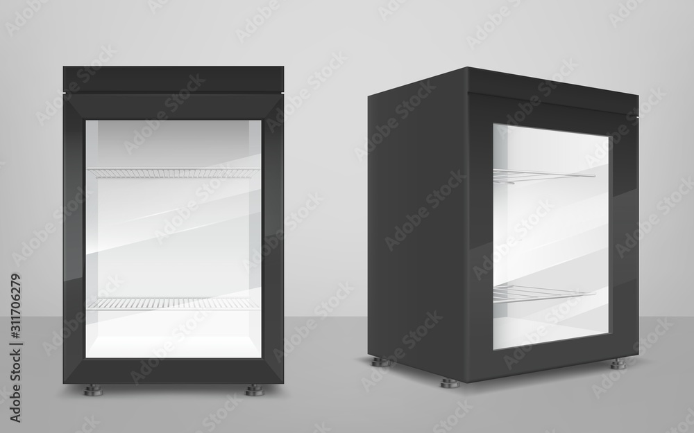 Empty mini refrigerator with transparent glass door. Vector black ...