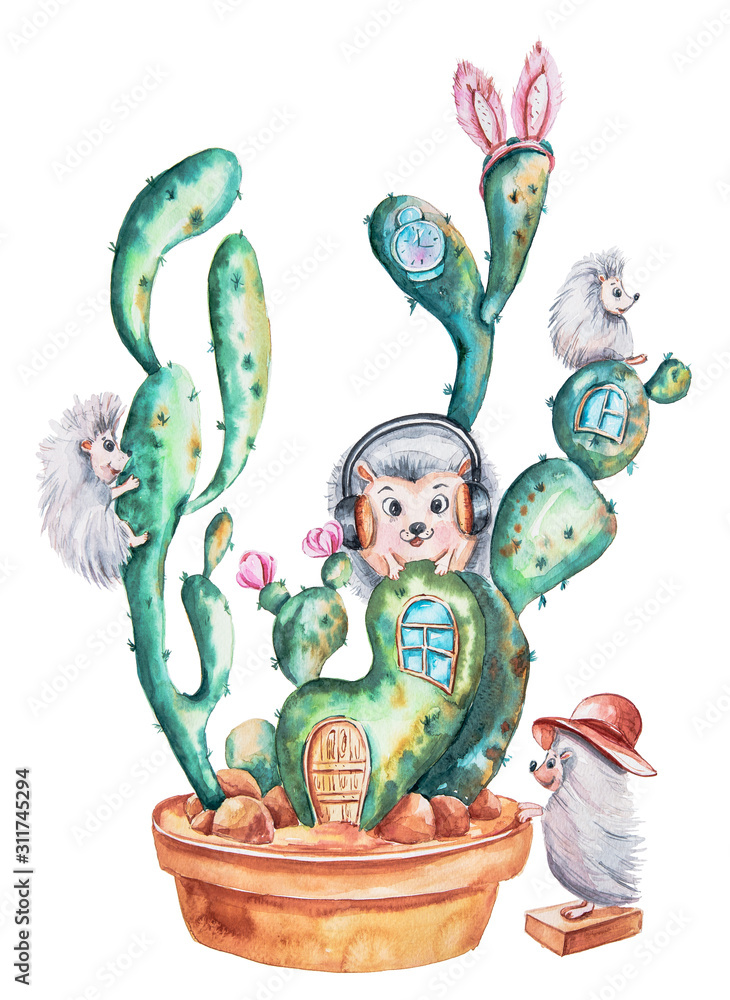 Watercolor hand painted fantasy cacti with cute hedgehogs. Perfect for ...