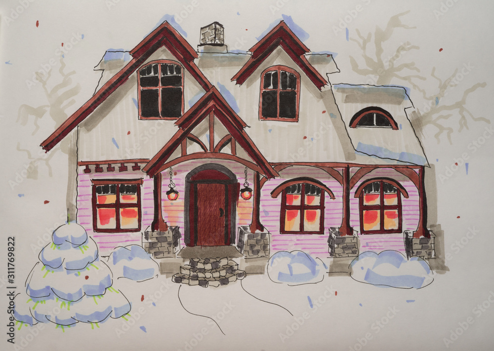 Hand drawn marker sketch of a cottage in winter with christmas tree ...