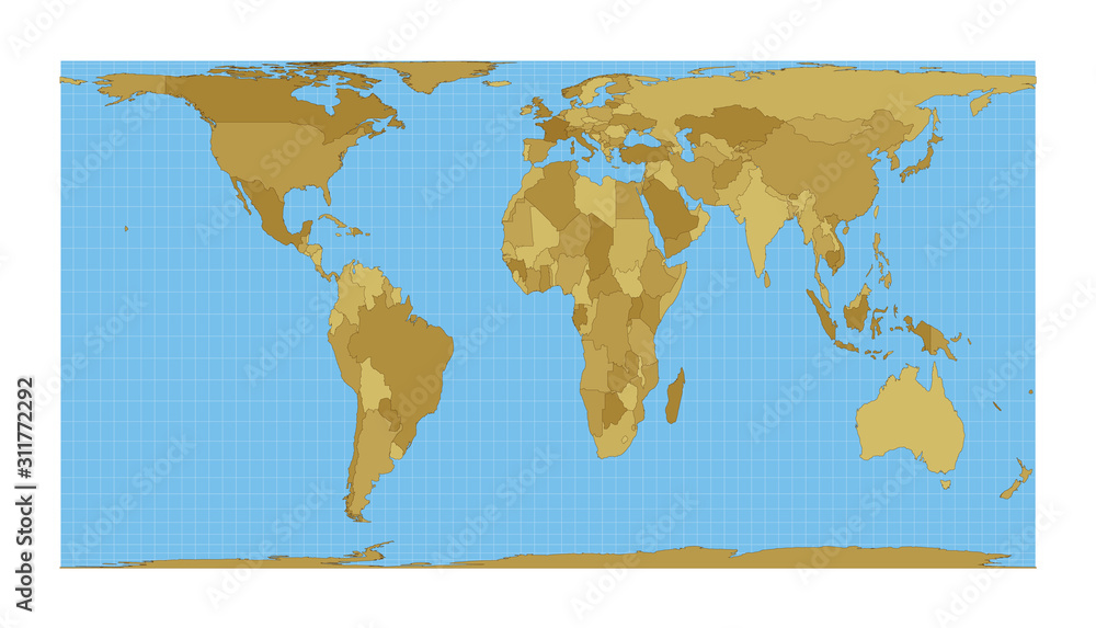 World Map. Cylindrical equal-area projection. Map of the world with ...
