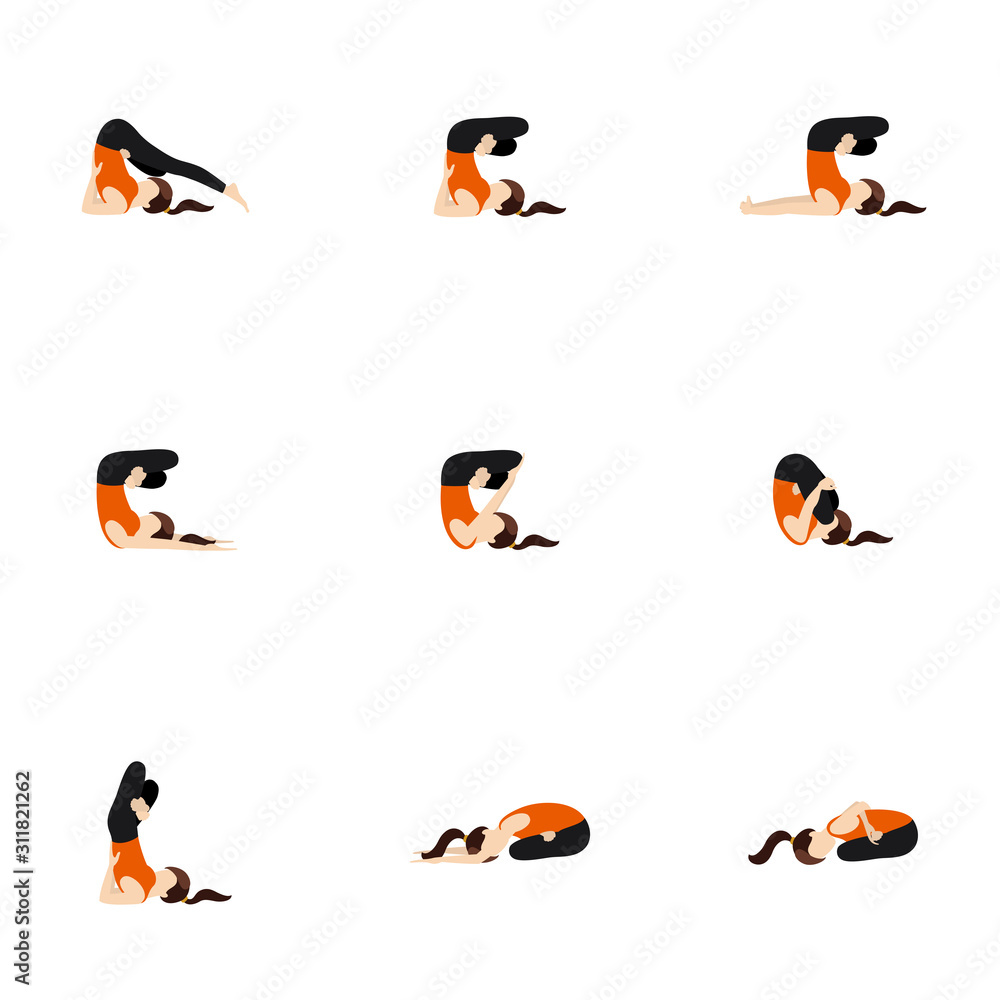 Yoga asanas set shoulderstand and plow with lotus/ Illustration ...
