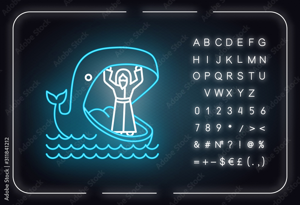 Jonah and whale neon light icon. Old Testament story. Jonahs miraculous ...