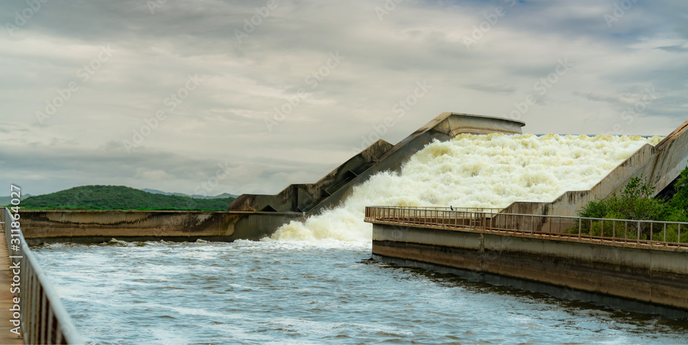 Drainage canal water bridge. Water management. Power of water. Concrete ...