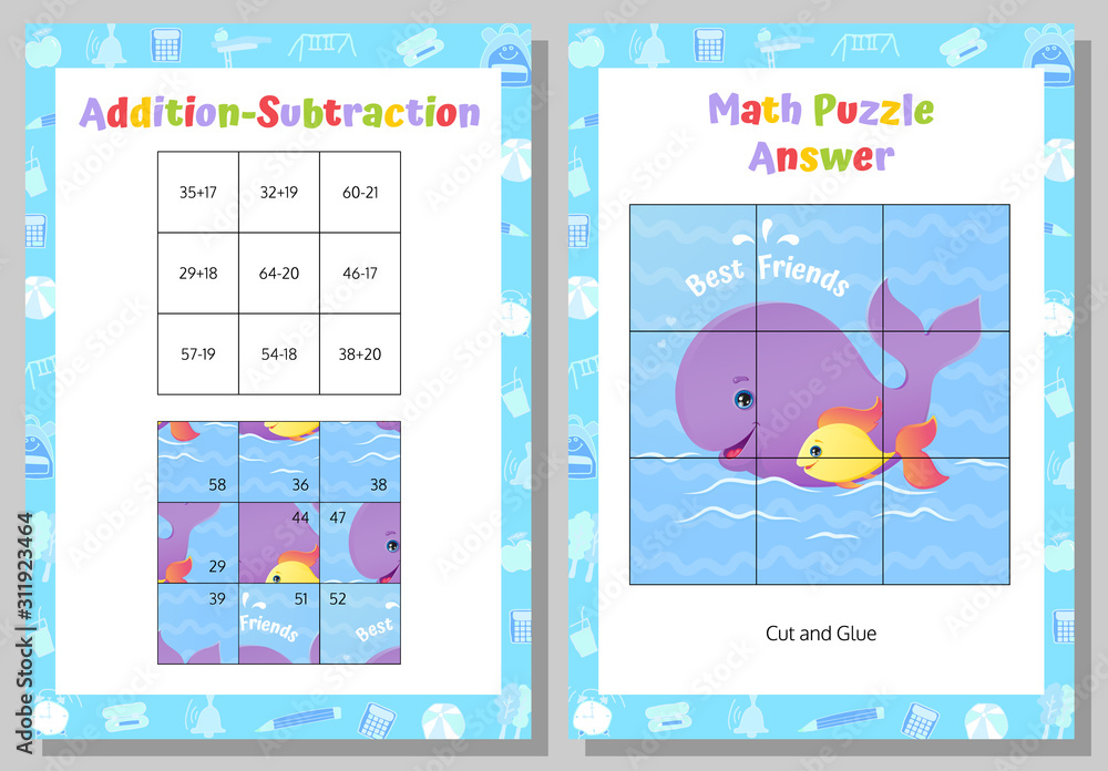 Addition, Subtraction Math Puzzle Worksheet. Educational Game ...