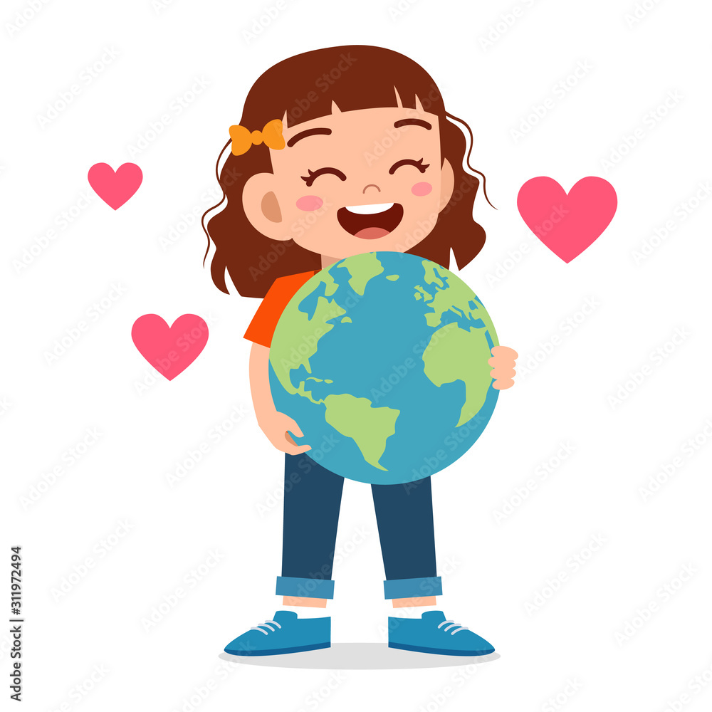 happy cute kid girl hug small earth Stock Vector | Adobe Stock