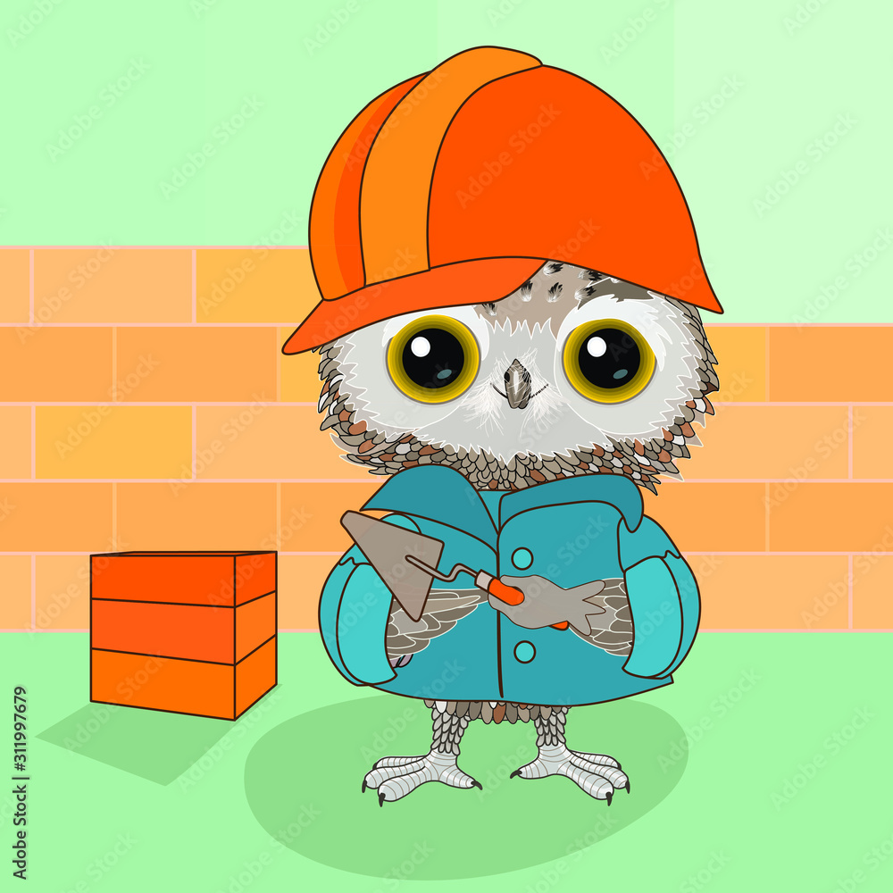cool owl builder dressed in a blue uniform and an orange helmet is ...