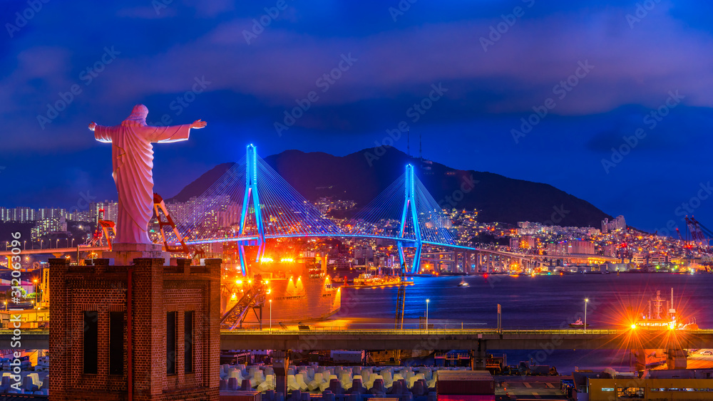Night View At Jesus Statue and Busan port Bridge, Busan, In Korea ...