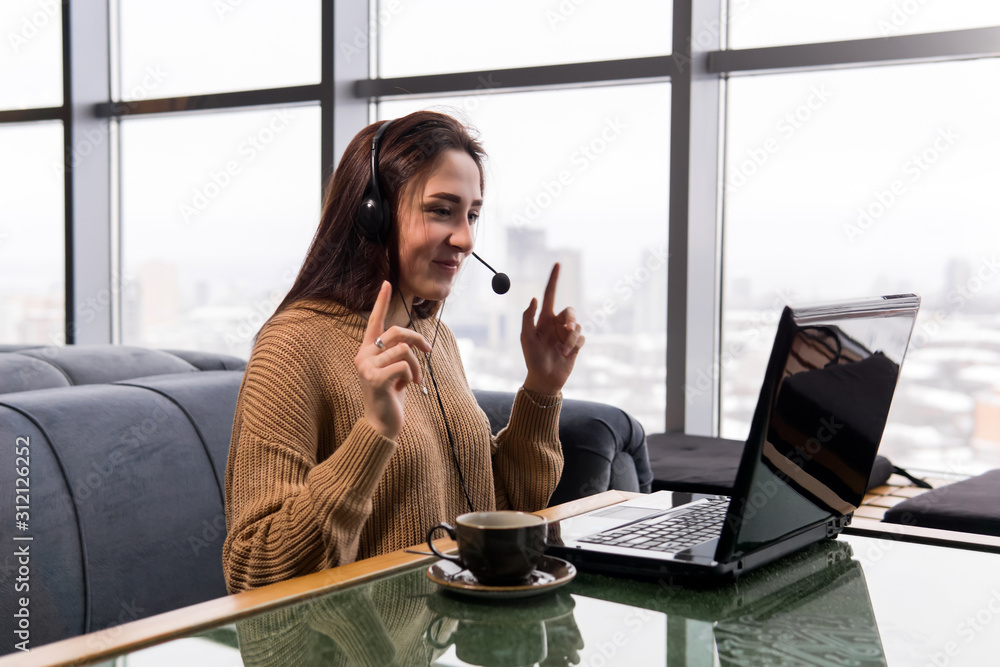 girl leads some online broadcast from the coffee shop Stock Photo ...