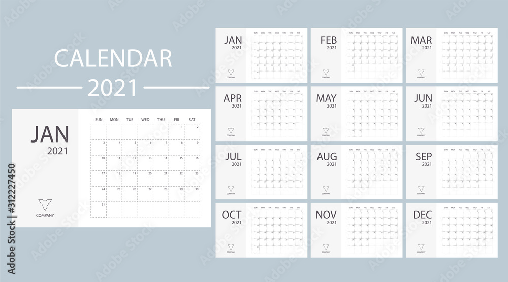 White calendar 2021 with week starts on Sunday. Minimal planner vector ...