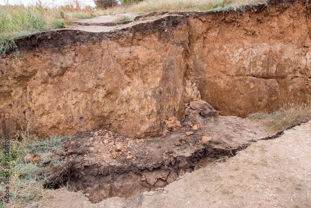 ecological disaster landslide of clay soil after an earthquake, a close ...