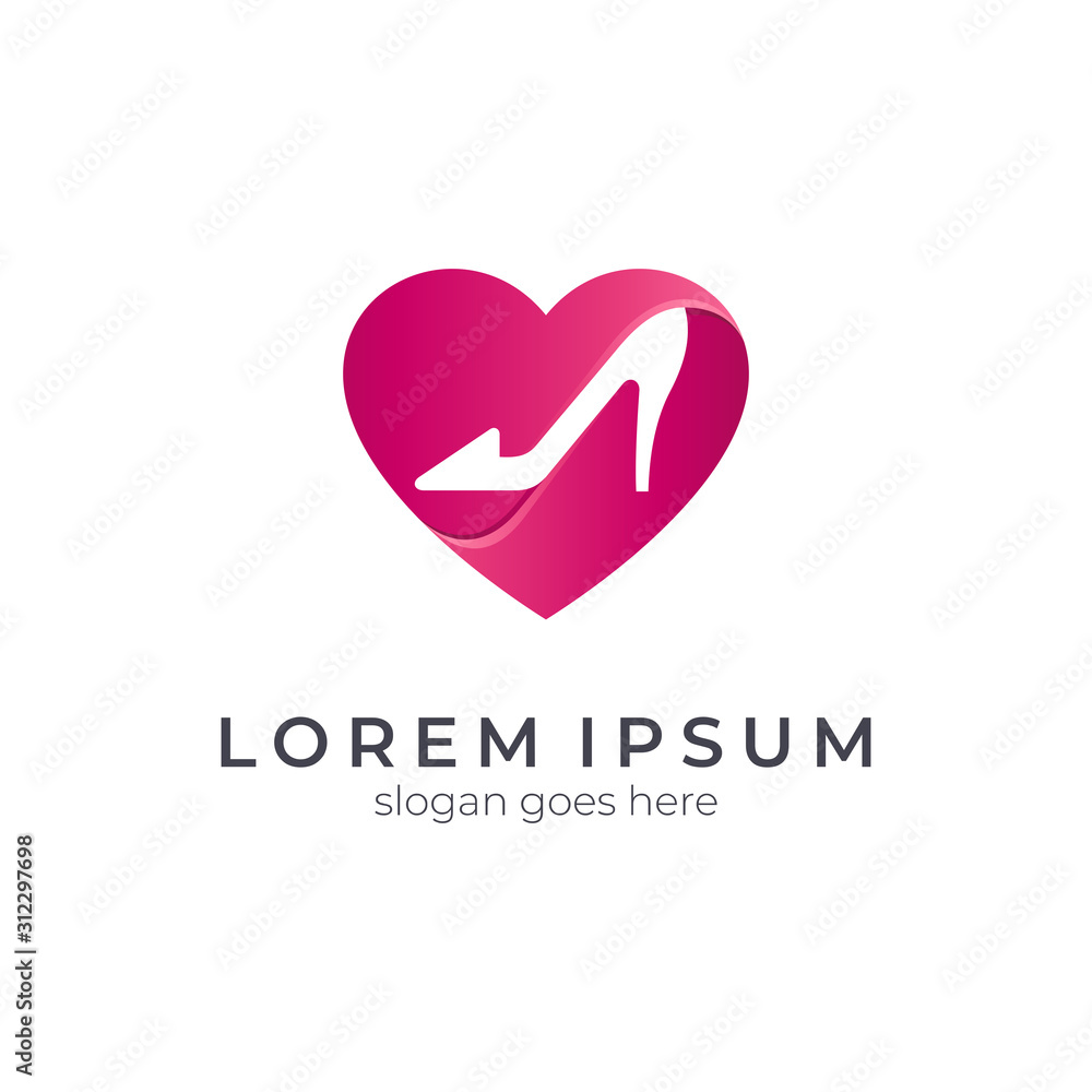 Women's shoes logo design in heart shape. High heel shoe logo template ...