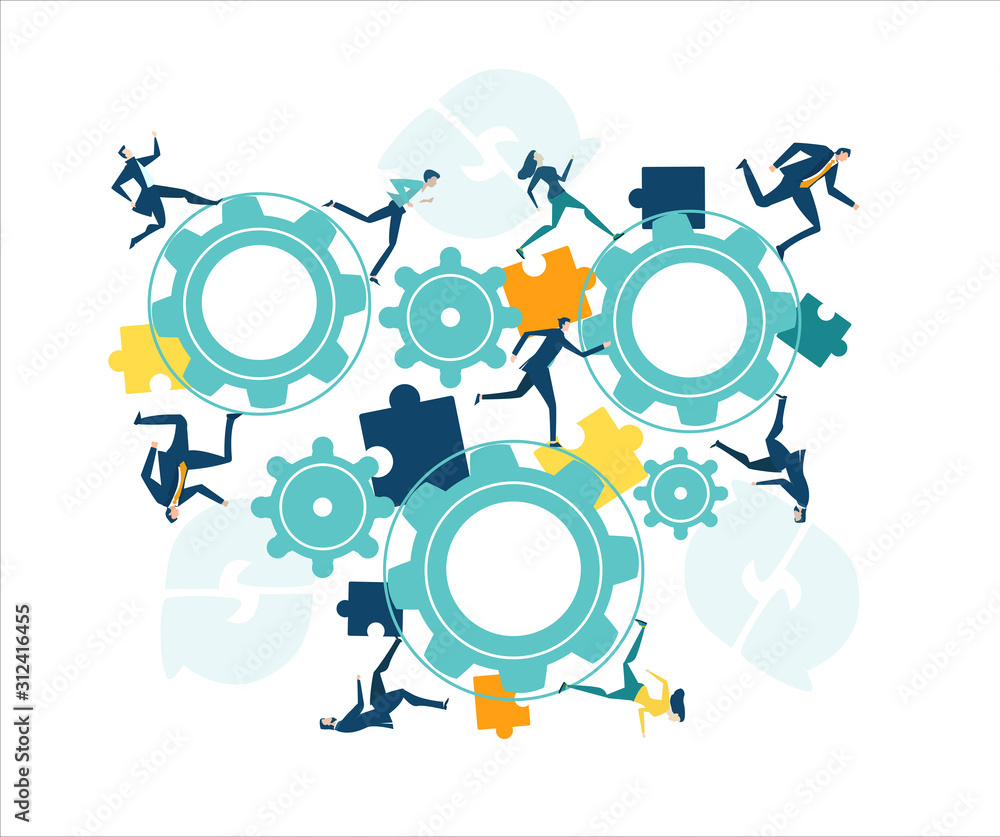 Lots of business people running over the gears, rotating them. Working ...
