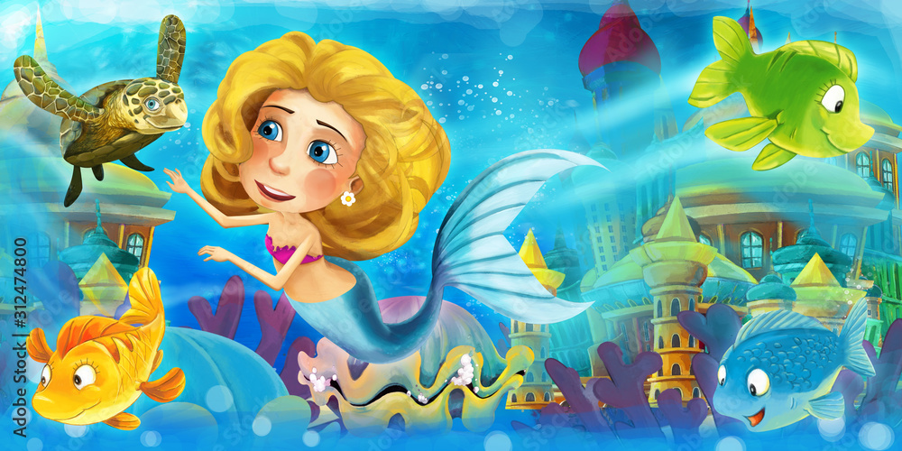Cartoon ocean and the mermaid in underwater kingdom swimming with ...