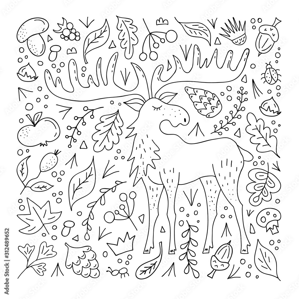 Hand-drawn moose with big antlers in doodle style. Coloring page with ...