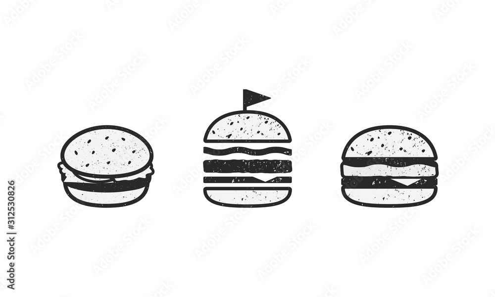 Fast Food icons isolated on white background. Set of 3 vector burgers ...
