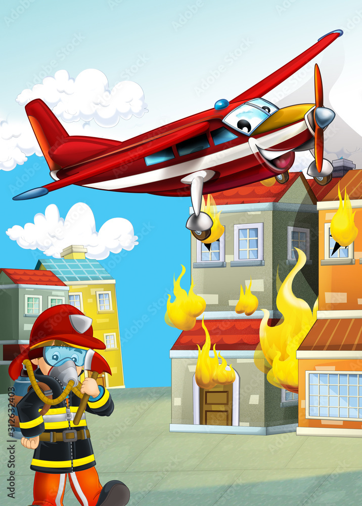 cartoon scene with fire fighter machine plane illustration for children ...
