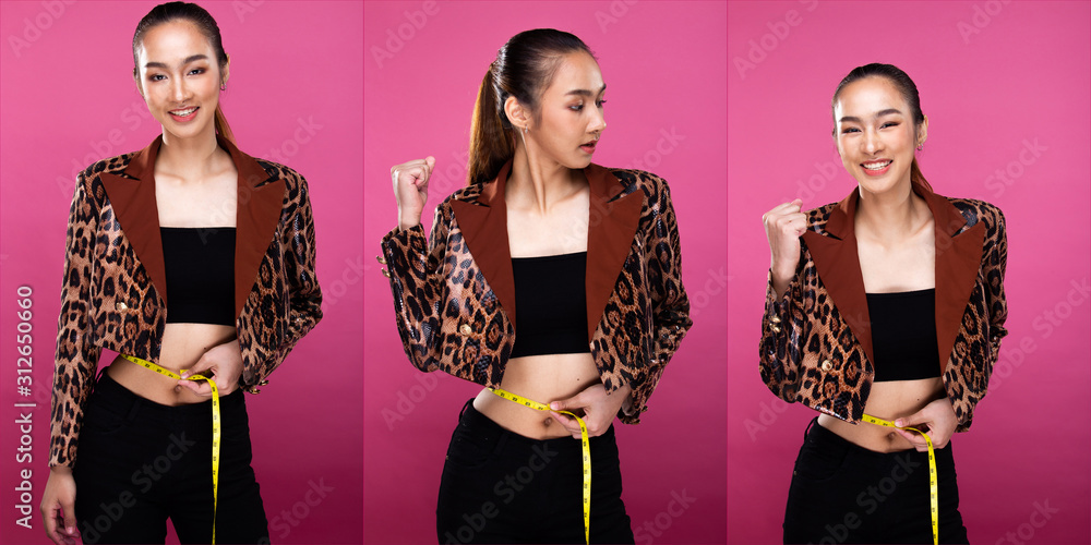 Asian slim Fitness woman shows her small thin waist with measurement tape. Girl controls Fat and ...