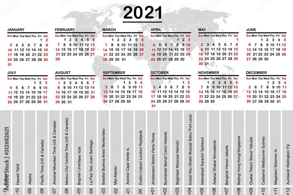 2021 calendar with world map and time zones Stock Vector | Adobe Stock