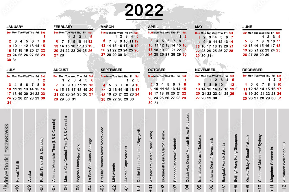 2022 calendar with world map and time zones Stock Vector | Adobe Stock