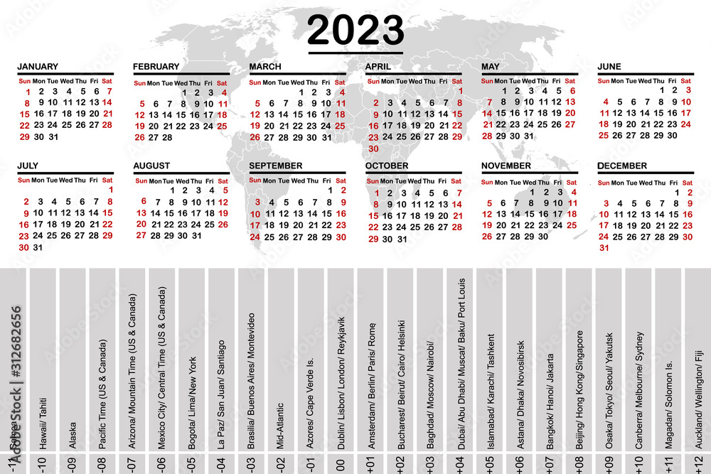 2023 calendar with world map and time zones Stock Vector | Adobe Stock