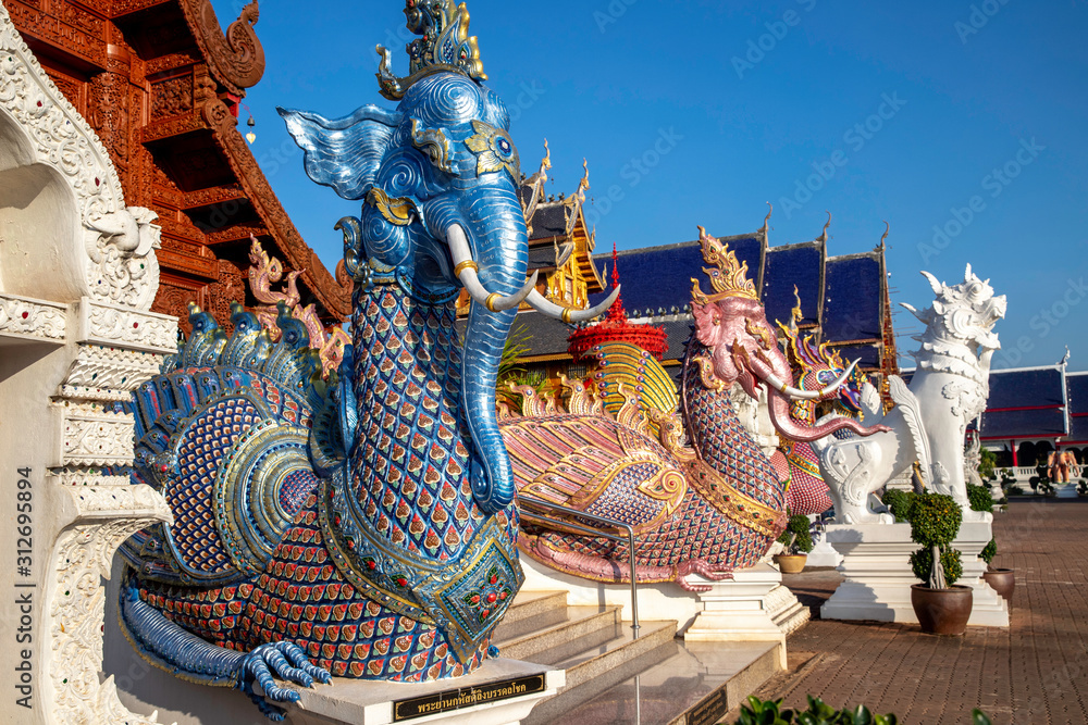 Beautiful Thai style sculpture and architecture of Wat Baan Den, a ...