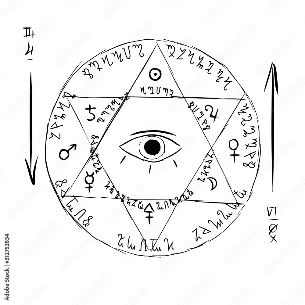 Six pointed star with all seeing eye pentagram vector illustration ...