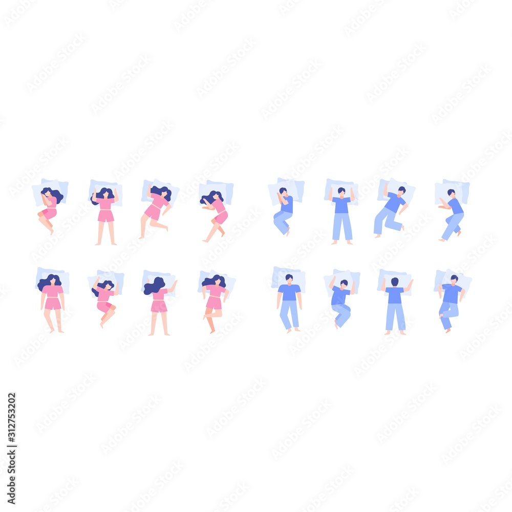 Set of cartoon man and woman in pajamas sleeping in different poses top view vector flat ...
