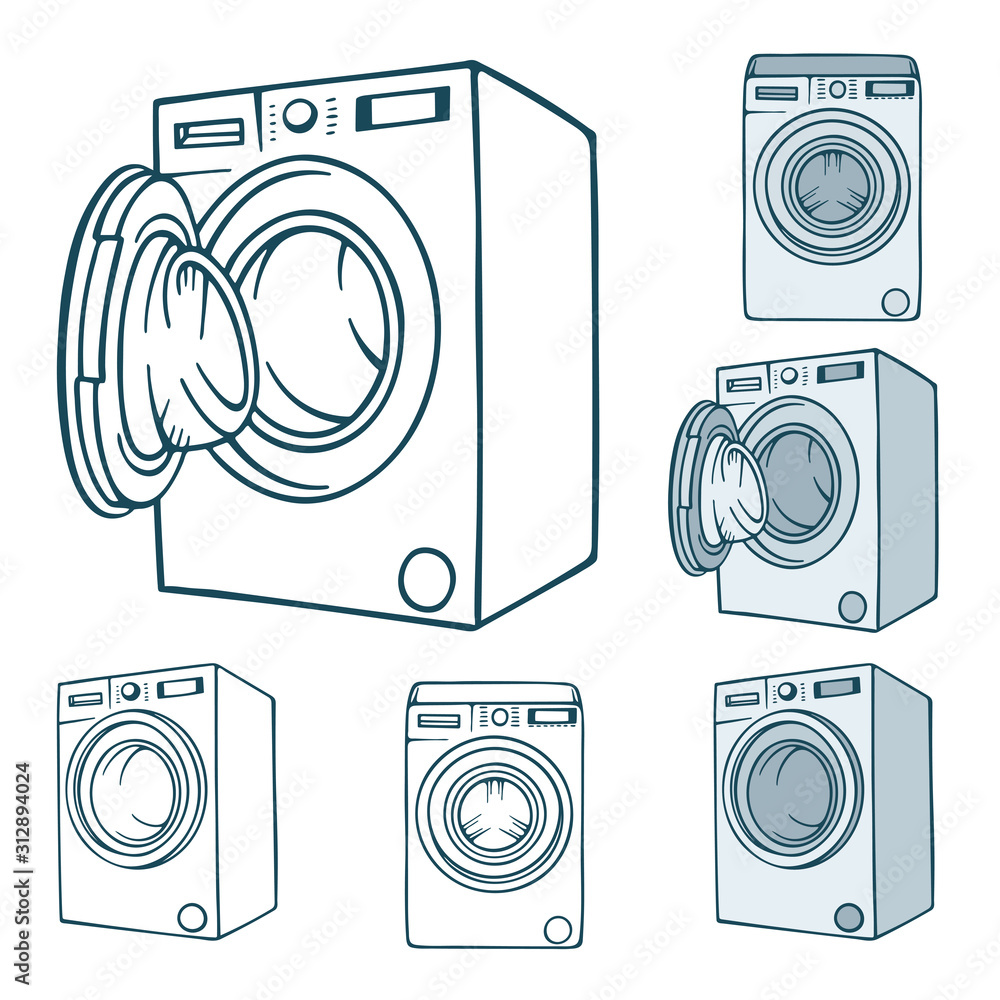 Washing machine. Hand drawn washing machines illustrations set. Washing ...