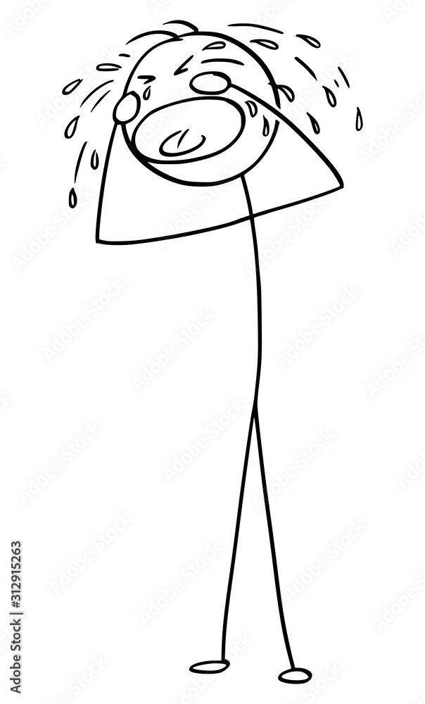 Vector cartoon stick figure drawing conceptual illustration of crying ...