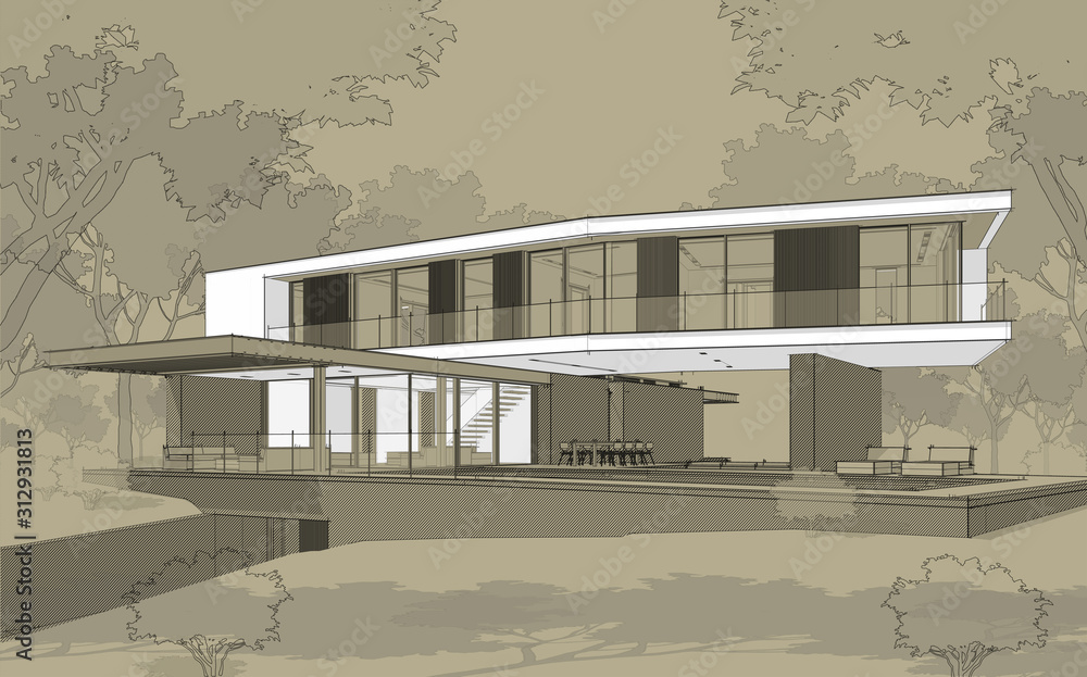 3d rendering of modern cozy house on the hill with garage and pool for ...