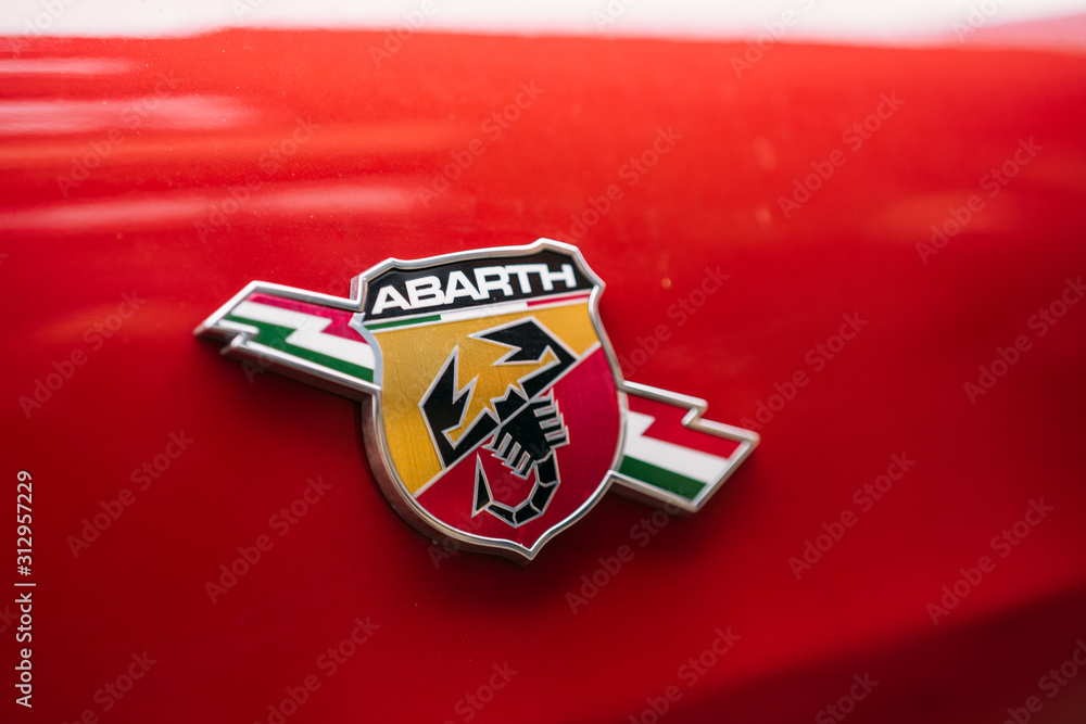 London, UK - January 02, 2020: Detail of the ABARTH logo on a red Fiat ...