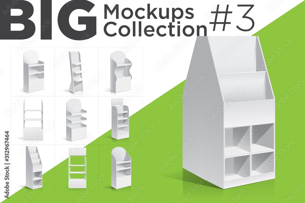 White empty box displays. Display on Isolated white background. Mock-up ...