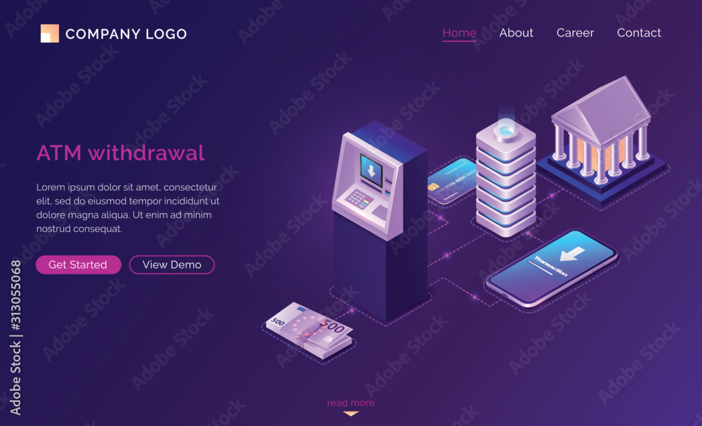 ATM withdrawal isometric concept vector banner. Banking technology ...