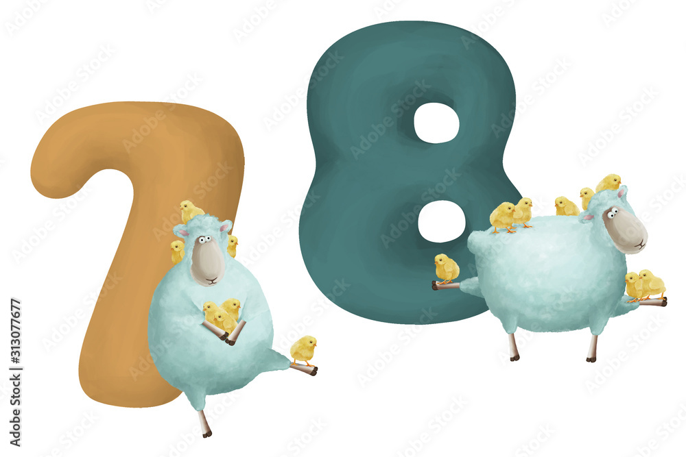 Learn count from 1 to 10 for kids. Cute little sheep with tiny chickens ...