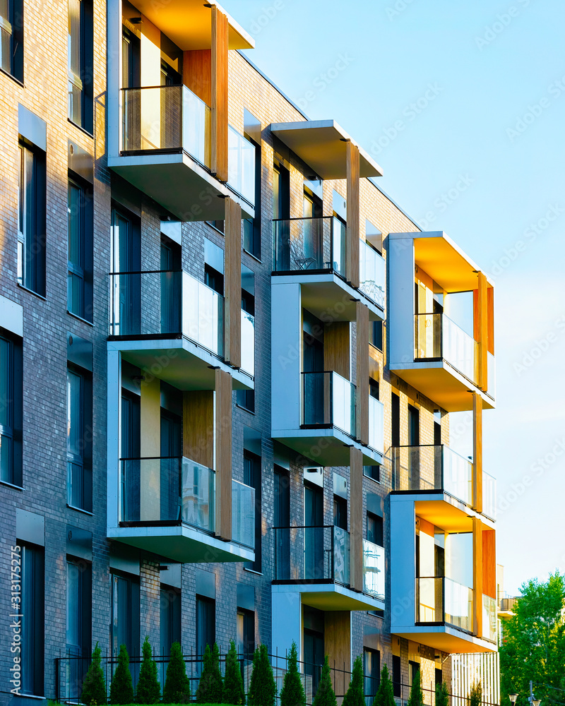 Photo Stock Apartment in residential building exterior. Housing ...