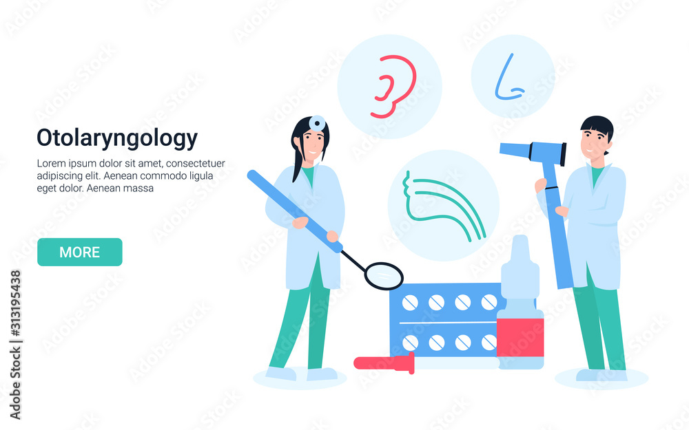 Vector de Stock Otolaryngologist doctor woman and man with otolaryngology tools. Icons ear ...
