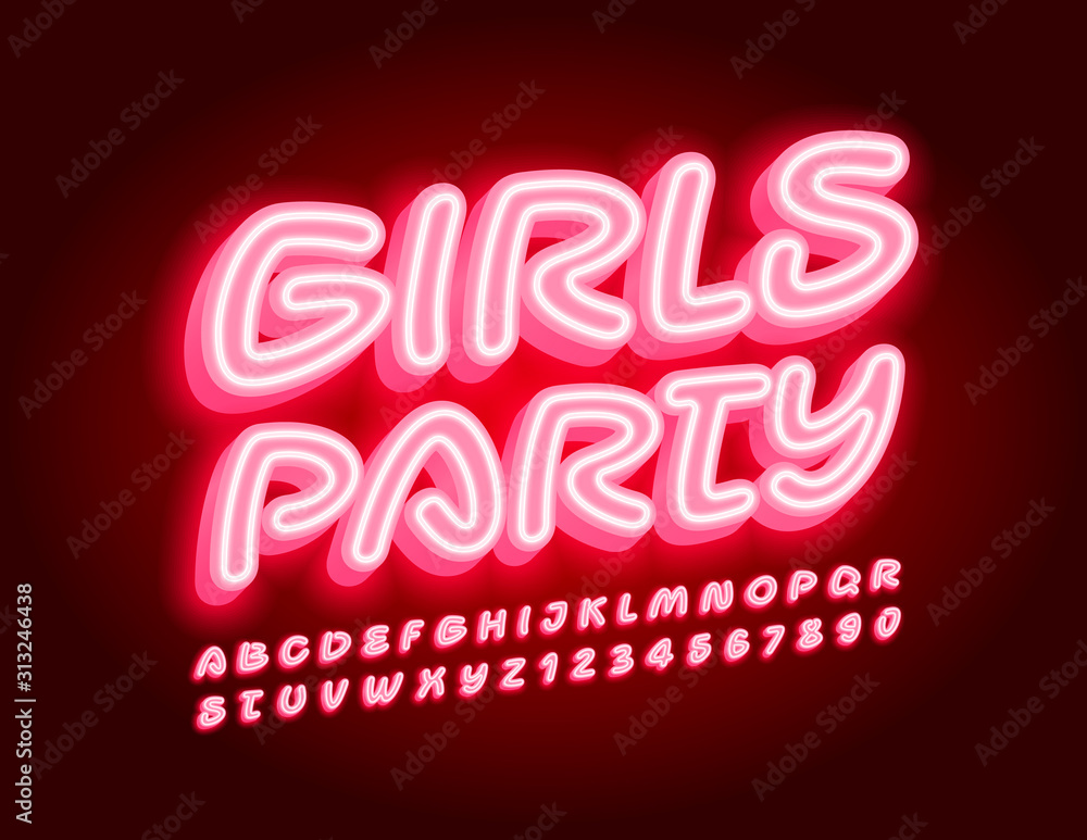 Vector Stylish Emblem Girls Party. Bright Pink Font. Neon glowing ...