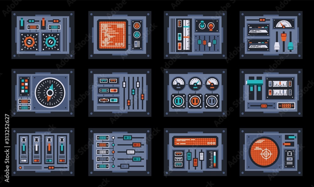 Set of control panel elements for the spaceship. Dashboard devices for ...