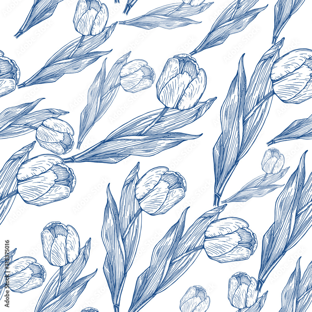 Tulips seamless pattern on white background. Hand drawn outline converted into a vector image ...